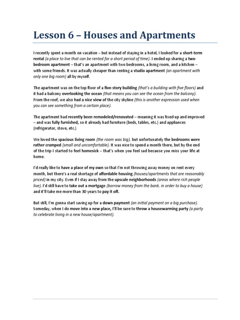 Lesson 6 Houses and Apartments | PDF | Apartment | Bedroom