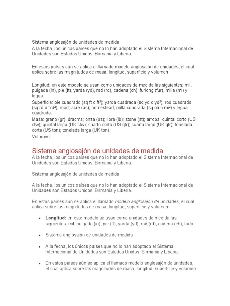 Modelo anglosajón de unidades de medida | PDF | Volumen | Galón