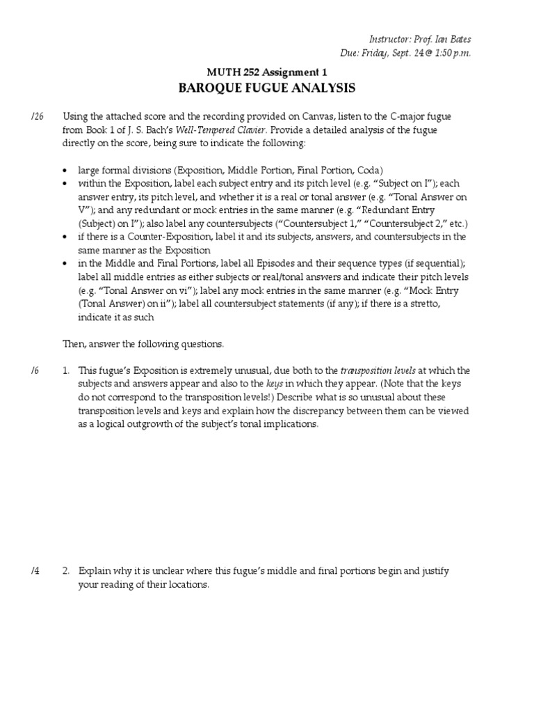 MUTH 252 Assignment 1 (Baroque Fugue Analysis) | PDF | Musical ...