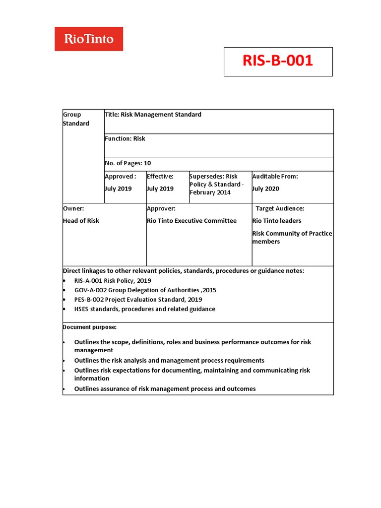 Rio Tinto Risk Management Standard | PDF | Risk | Risk Management