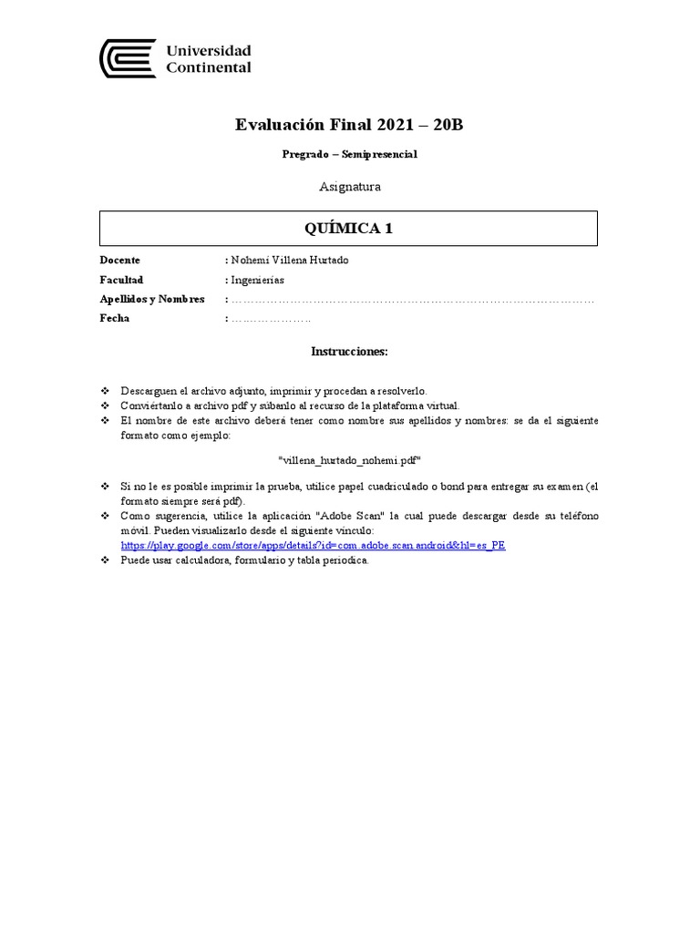 Evaluacion Final Quimica 01 Semipresencial 2021 20a | PDF | Redox | Ciencias fisicas