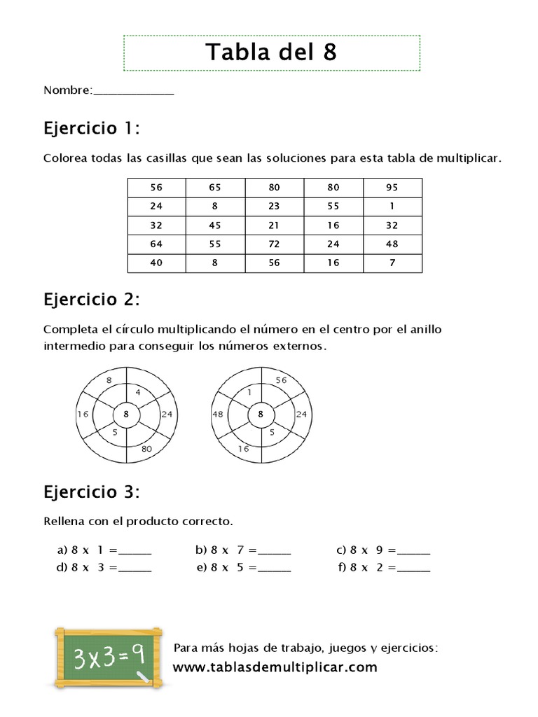 Ejercicios Tabla del 8 Multiplicación | PDF