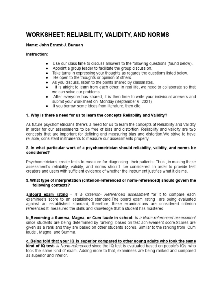 Reliability and Validity Worksheet | PDF | Validity (Statistics) | Test ...