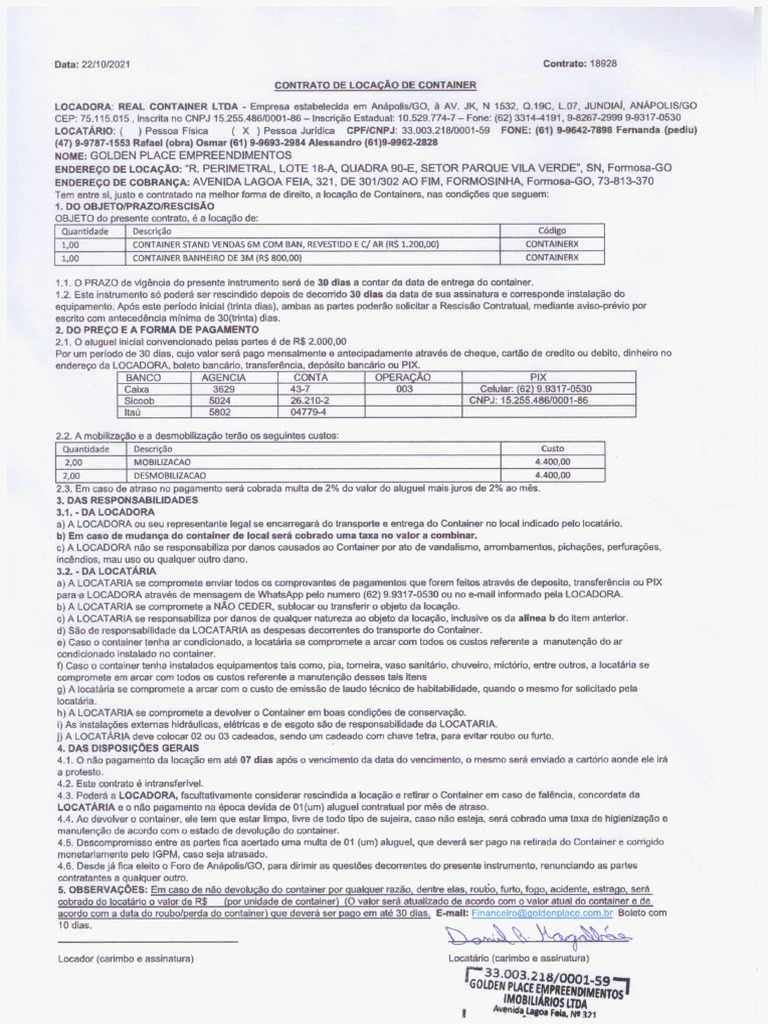 Contrato de Locação Container Real | PDF