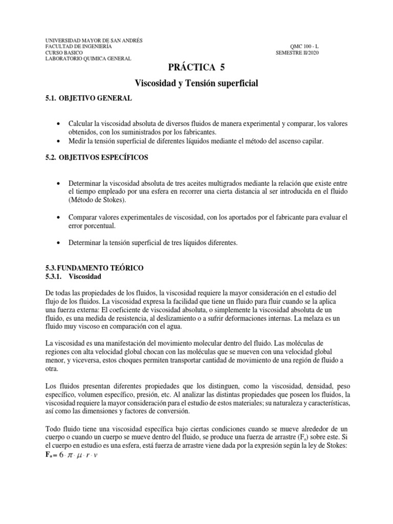 Practica 5 Viscosidad y Tension Superficial | PDF | Viscosidad | Líquidos
