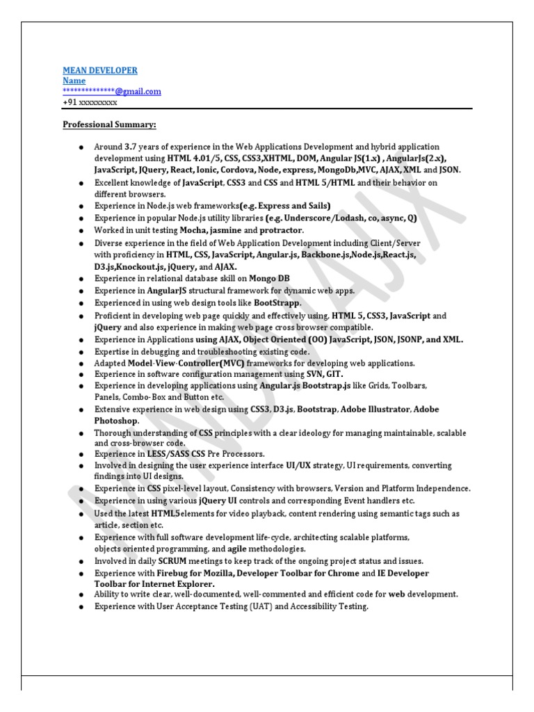MEAN Stack Developer Profile Summary | PDF | Angular Js | J Query