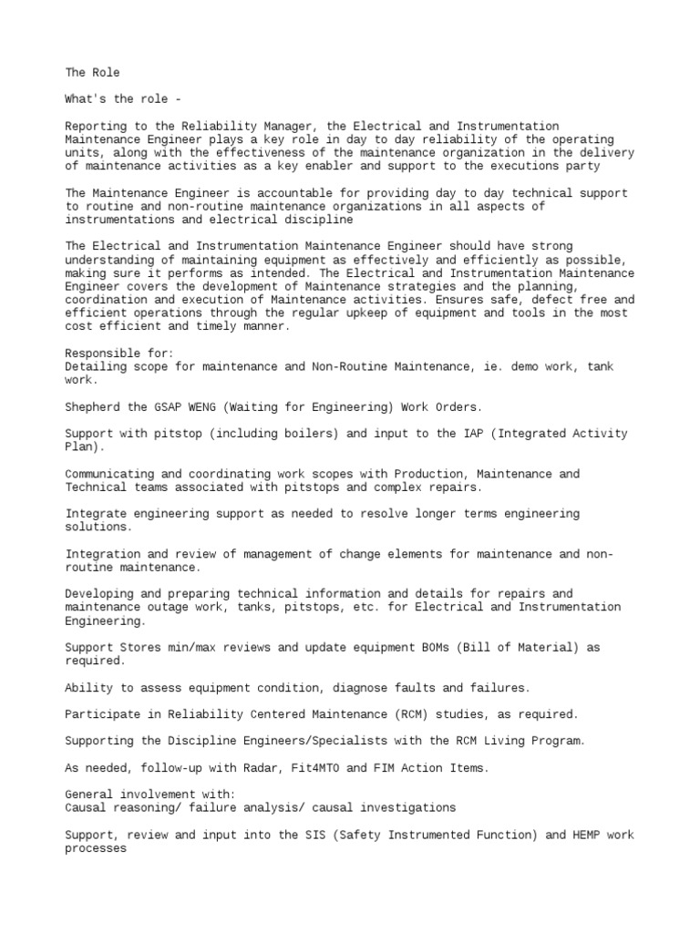 E & I Maintenance Engineer | PDF | Reliability Engineering | Engineering