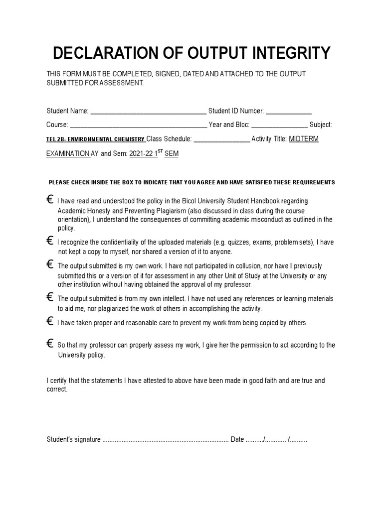 Declaration of Output Integrity-Tel 2B | PDF