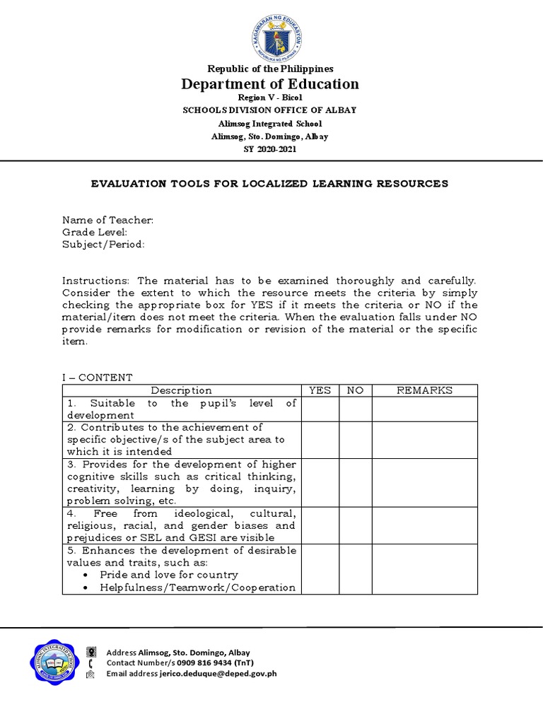 Evaluation Tool For Localized Learning Resources | PDF | Cognition ...