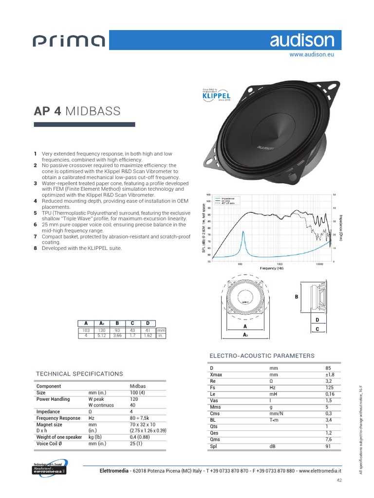 Audison AP 4 Midbass Specifications | PDF | Loudspeaker | Electrical ...