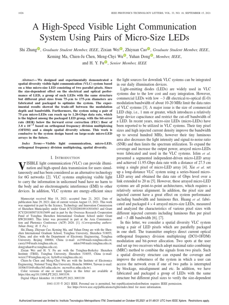 A High-Speed Visible Light Communication System Using Pairs of Micro-Size LEDs | PDF | Signal To ...