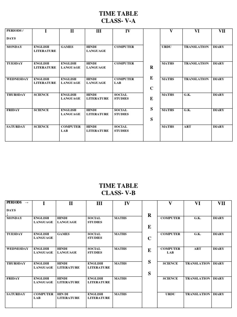 5 Class Time Table Pdf