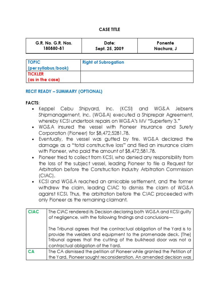 Keppel Cebu Shipyard Vs Pioneer Insurance | PDF | Subrogation | Government