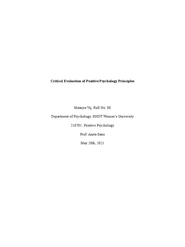 Critical Evaluation of Positive Psychology Principles | PDF | Positive ...
