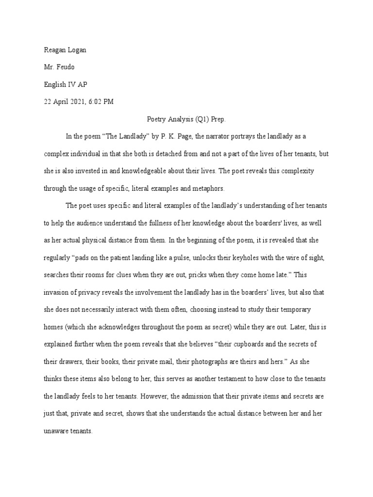Reagan Logan Poetry Analysis (Q1) Prep. | PDF | Poetry