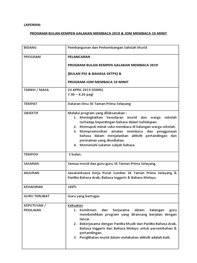 Laporan Kempen Galakan Membaca Bulan Bahasa Jom Baca | PDF