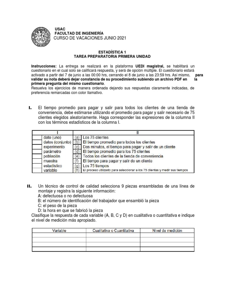 Estadística 1: Tarea preparatoria primera unidad USAC Facultad de ... Estadística 1: Tarea preparatoria primera unidad USAC Facultad de ...