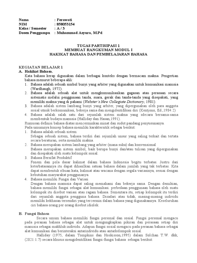 Tugas Partisipasi 1 Pendidikan Bahasa Indonesia Di SD (PDGK 4204) Ferawati 858053154 | PDF ...