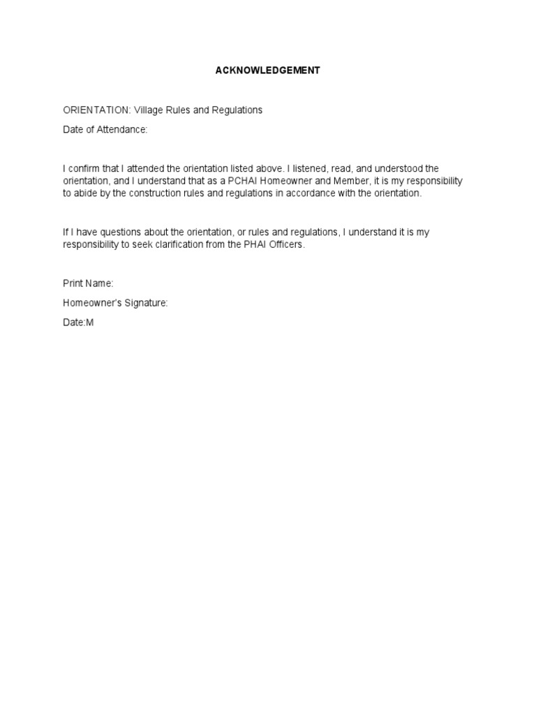 PCHAI Homeowner Orientation Acknowledgment | PDF