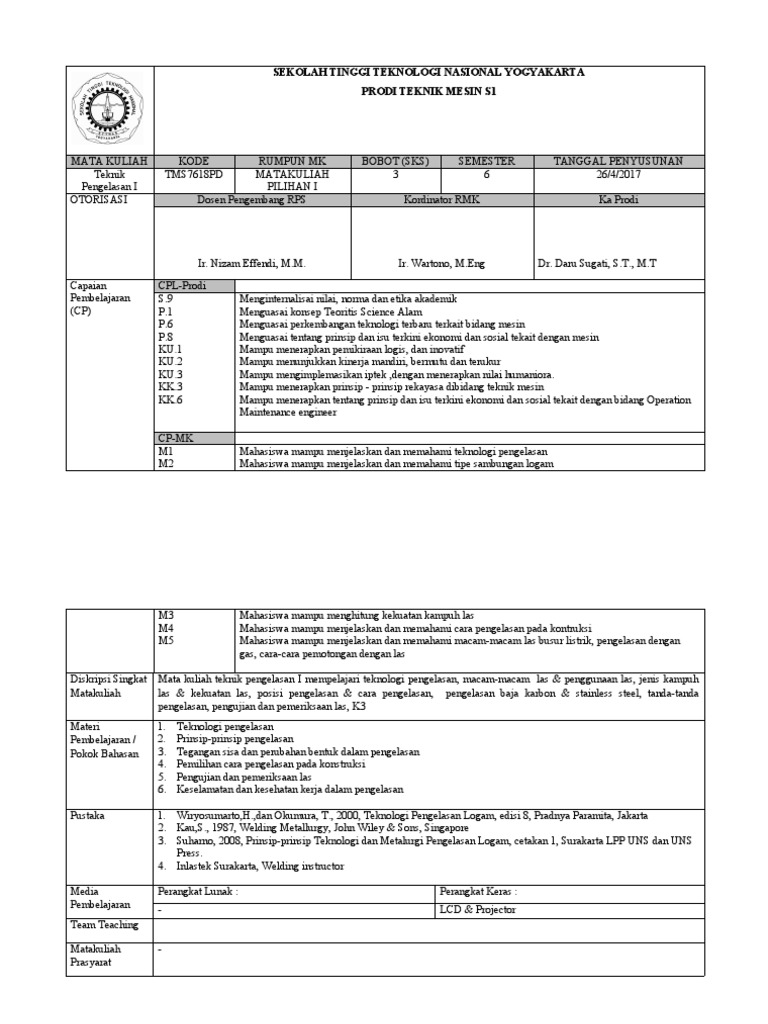 Revisi Rps Teknik Pengelasan 1 Ok-2020 | PDF