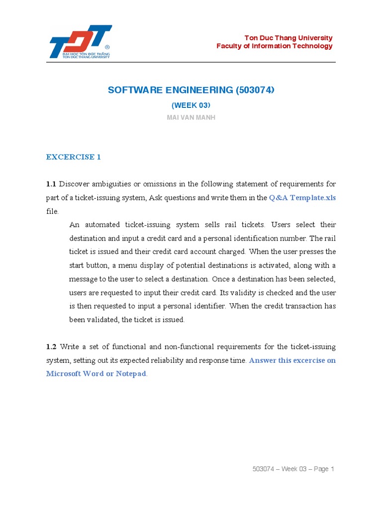 Software Engineering (503074) : Excercise 1 | PDF | Use Case | Computing