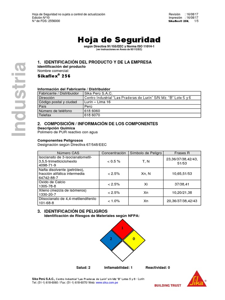 MSDS Sikaflex 256 Poliuretano para Sellar Parabrisas | PDF | Agua ...