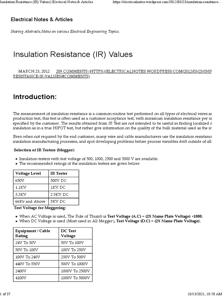 Insulation Resistance Values Guide | PDF | Transformer | Electric Motor