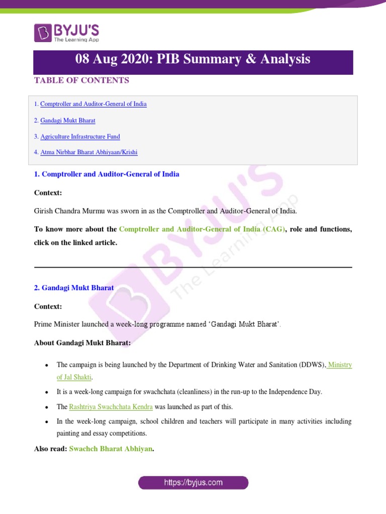 08 Aug 2020: PIB Summary & Analysis: 1. Comptroller and Auditor-General ...
