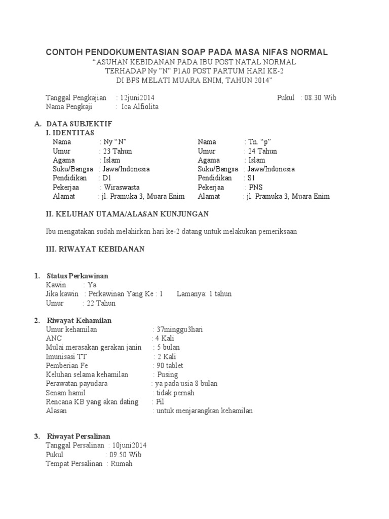 Dokumentasi SOAP Nifas Normal 2 Hari | PDF