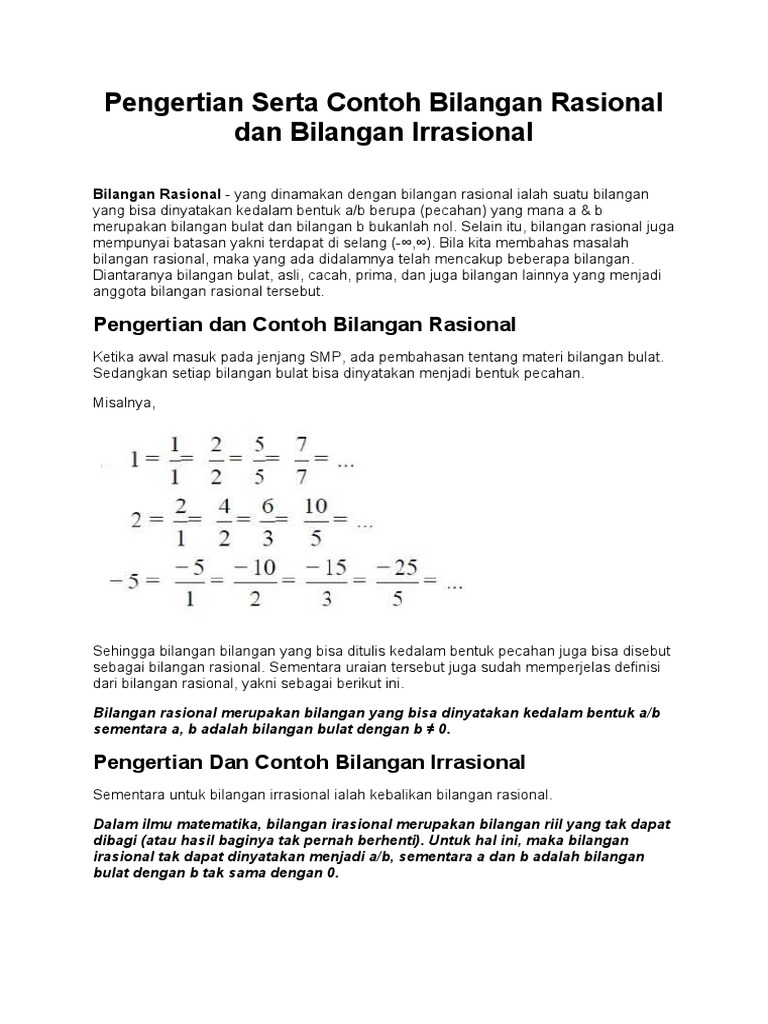 Pengertian Serta Contoh Bilangan Rasional Dan Bilangan Irrasional | PDF