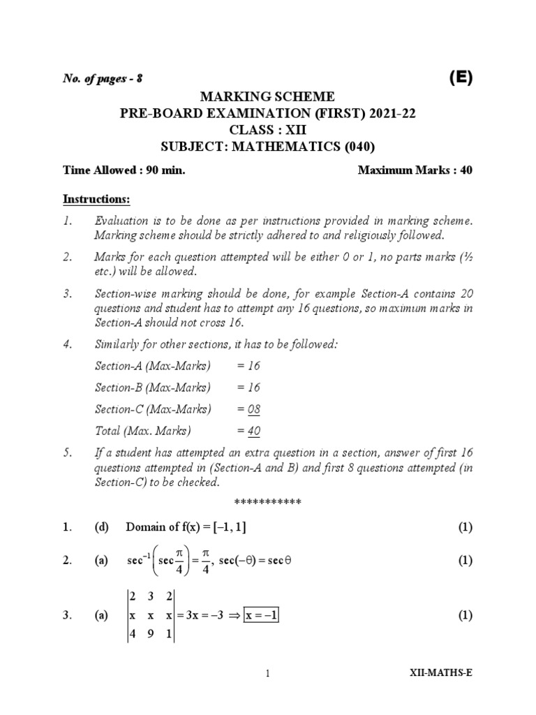 Marking Scheme for Pre-Board Examination Class XII Mathematics | PDF | Mathematics ...