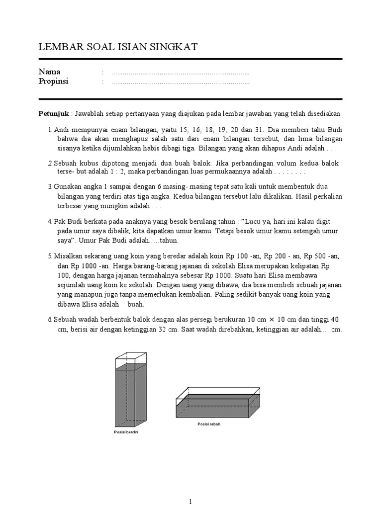 SOAL ISIAN SINGKAT OSN 2015 (MATH) - Dikonversi | PDF