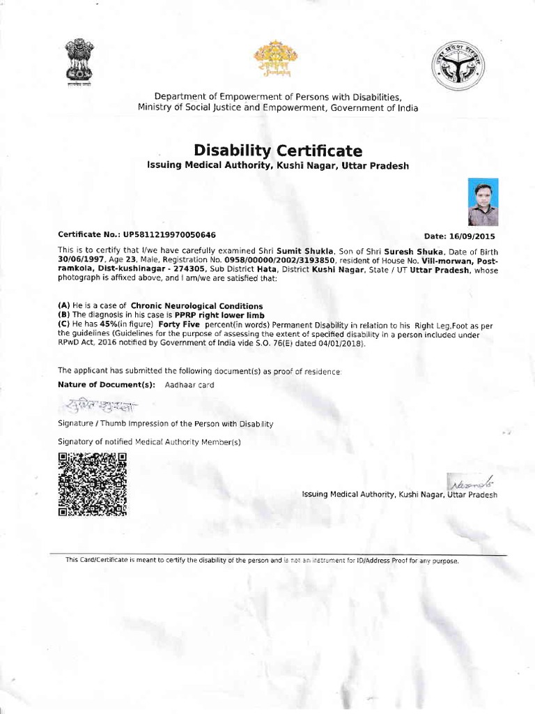 Disability Certificate: Medical Kushi Nagar, Pradesh | PDF