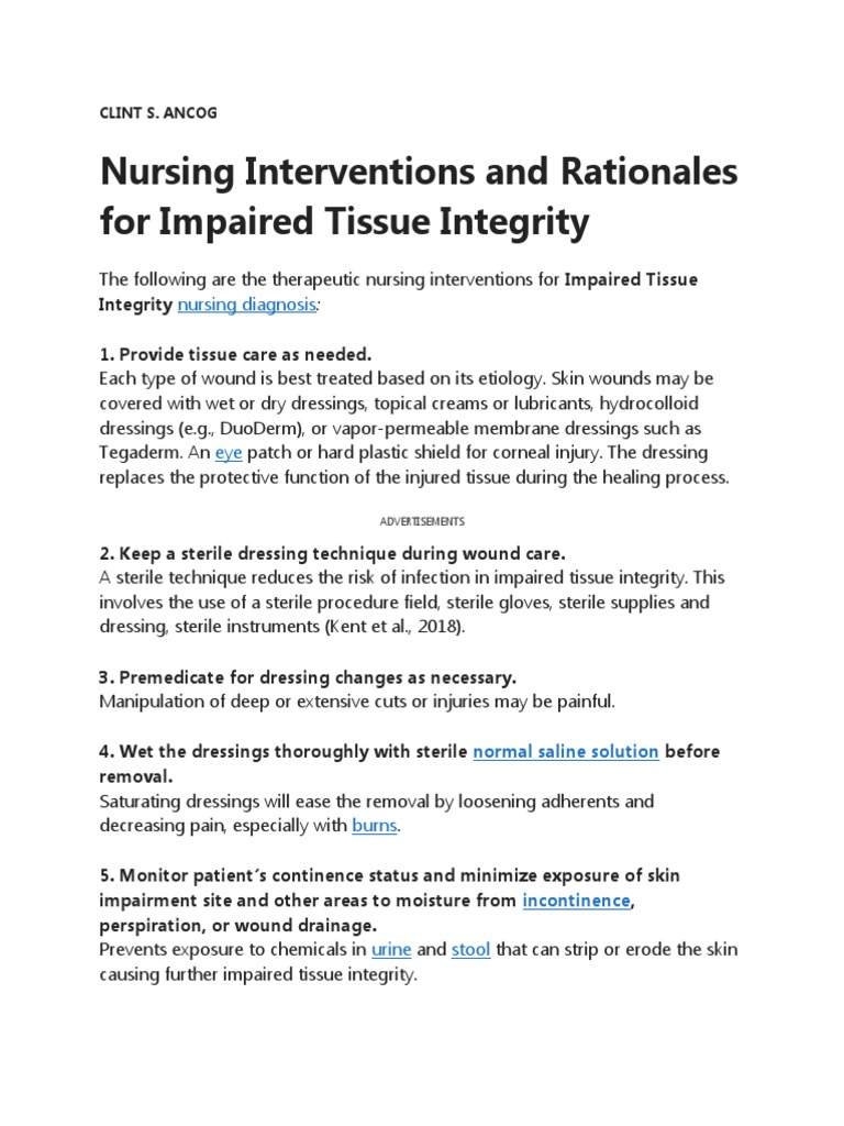 Nursing Interventions and Rationales For Impaired Tissue Integrity ...