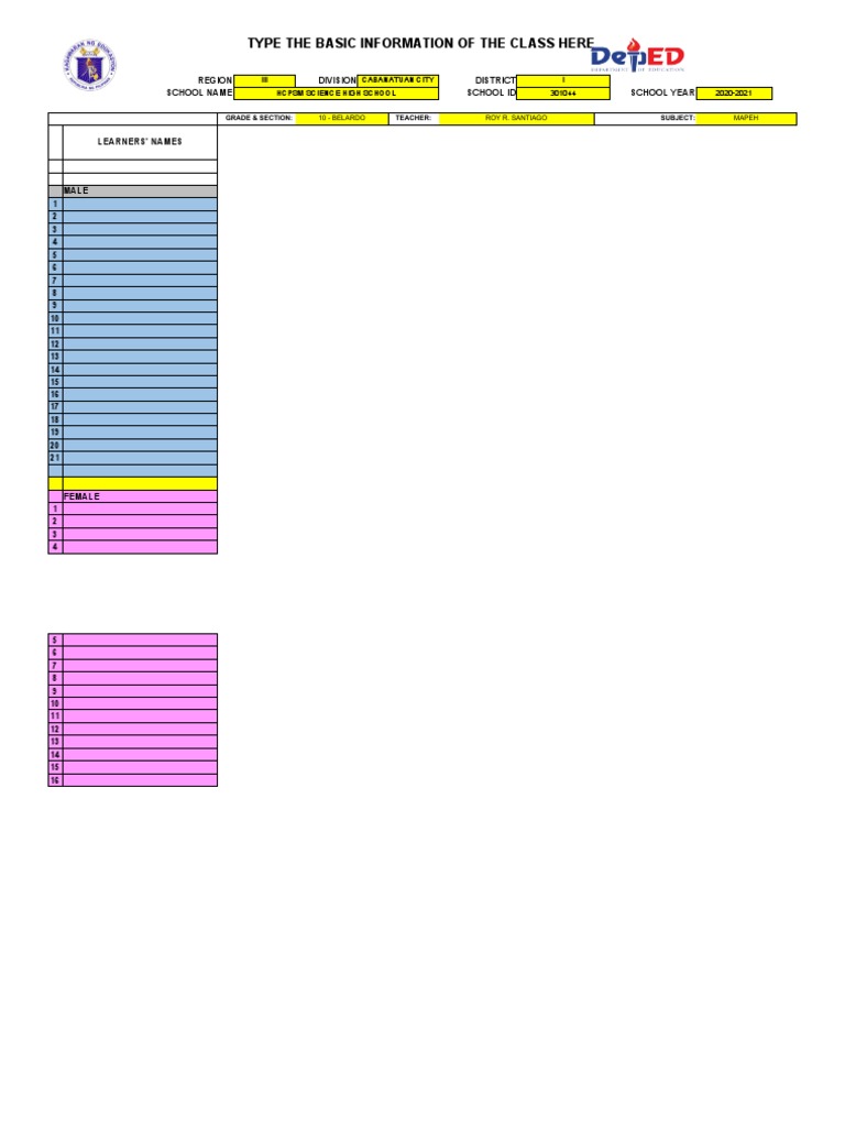MAPEH E Class Record MAPEH 30 70 Template EDITED | PDF