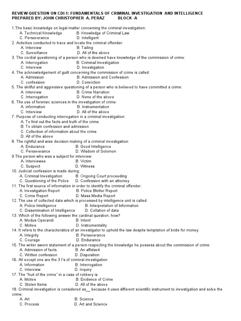 Review Question On Cdi-1: Fundamentals of Criminal Investigation and ...