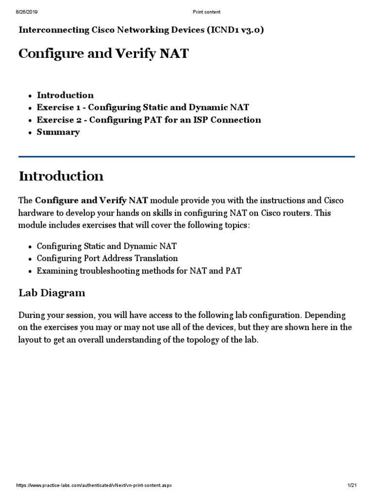 Configure and Verify NAT: Interconnecting Cisco Networking Devices (ICND1 v3.0) | PDF | Ip ...