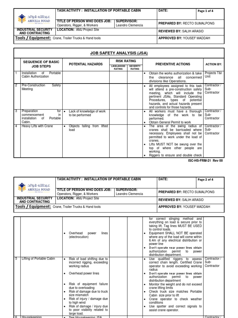 Portable Cabin Installation Safety Plan | PDF | Safety | Occupational ...