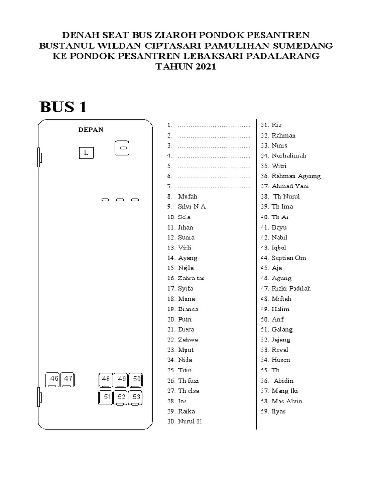Denah Kursi Bus 59 Ziarah 2021 | PDF
