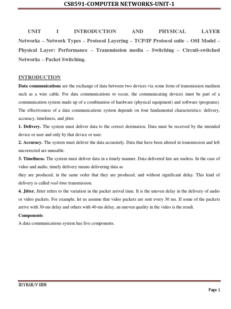 CS8591 CN Unit 1 | PDF | Internet Protocol Suite | Computer Network