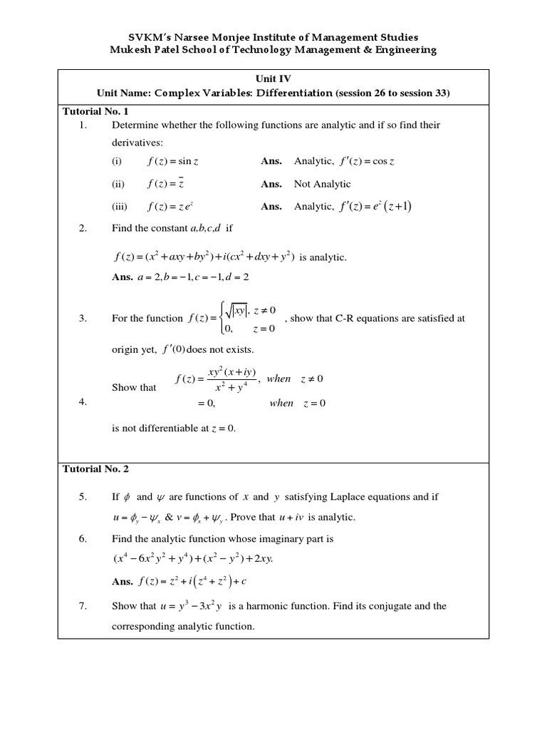 Unit 4 Tutorial Problems | PDF | Analytic Function | Derivative