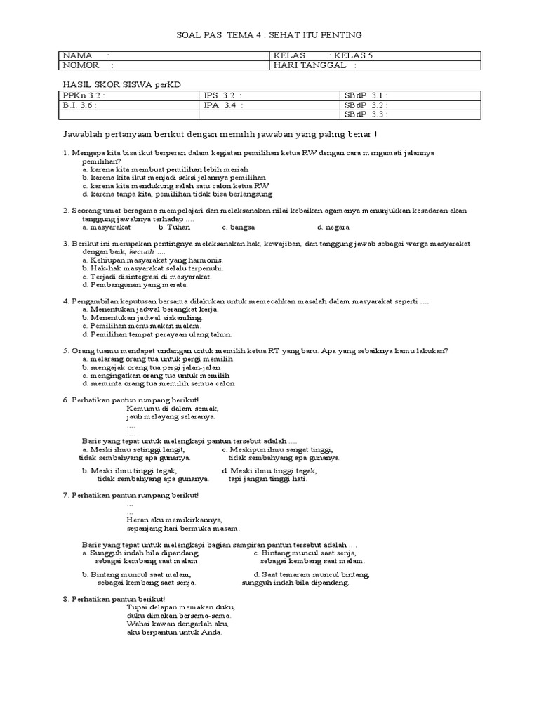 Soal Pas K5 T4 | PDF