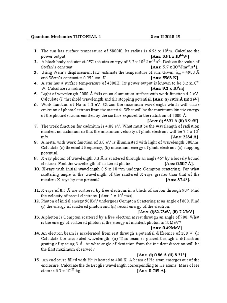 Quantum Mechanics Tutorial-1 | PDF | Photoelectric Effect | Electron