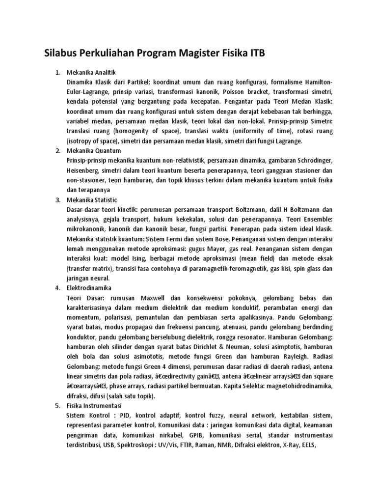 Silabus Perkuliahan Program Magister Fisika Itb | PDF