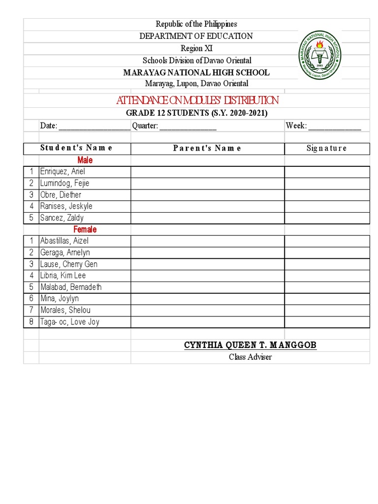 Attendance On Modules' Distribution: Marayag National High School | PDF