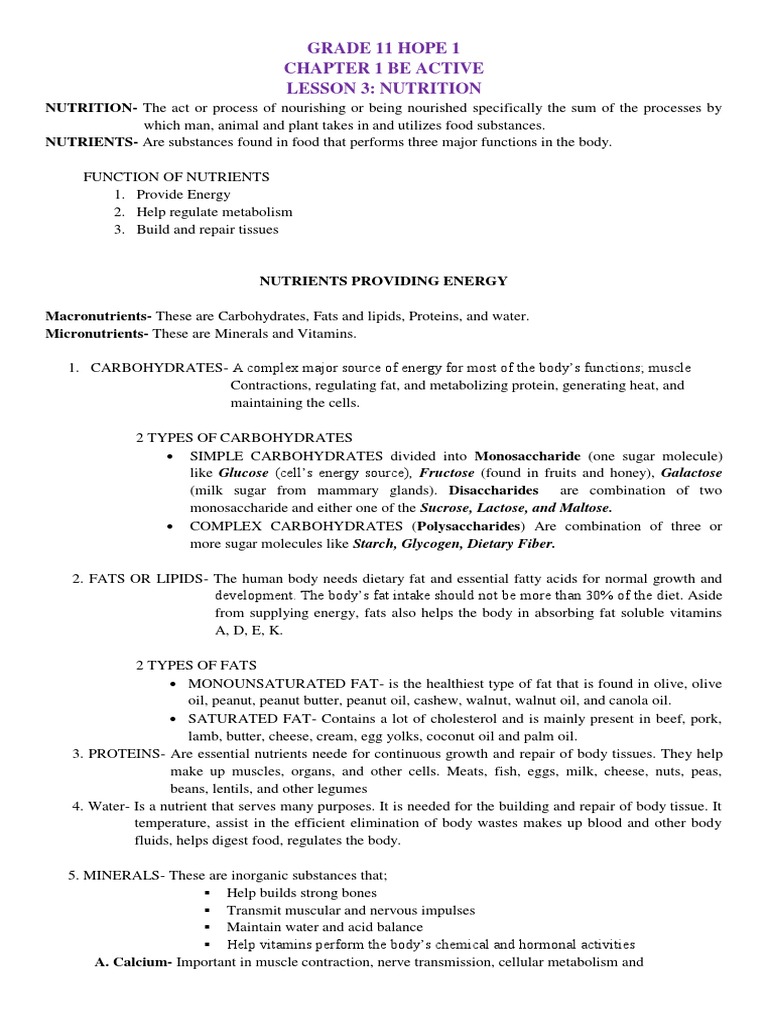 Grade 11 Hope 1 Chapter 1 Be Active Lesson 3: Nutrition | PDF ...