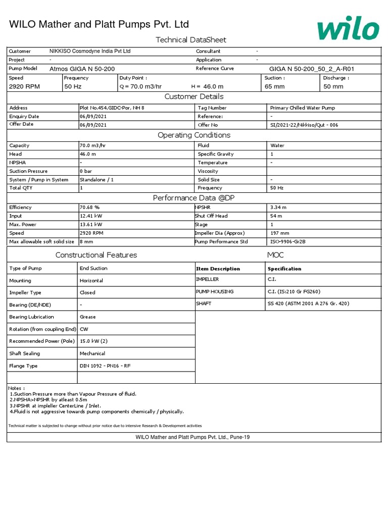 Wilo Mather and Platt Pumps Pvt. LTD: Technical Datasheet | Download ...