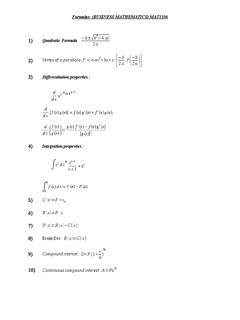 MAT1106-Formula Sheet For Exam | PDF | Compound Interest | Mathematics