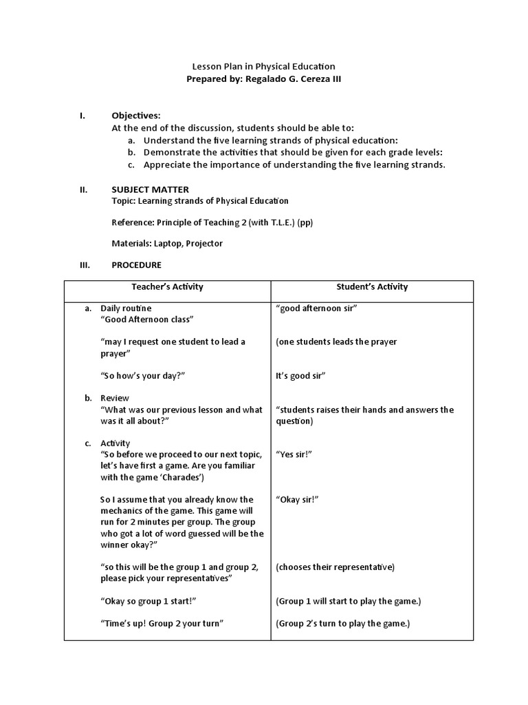 Physical Education Lesson Plan Overview | PDF | Physical Education | Dances