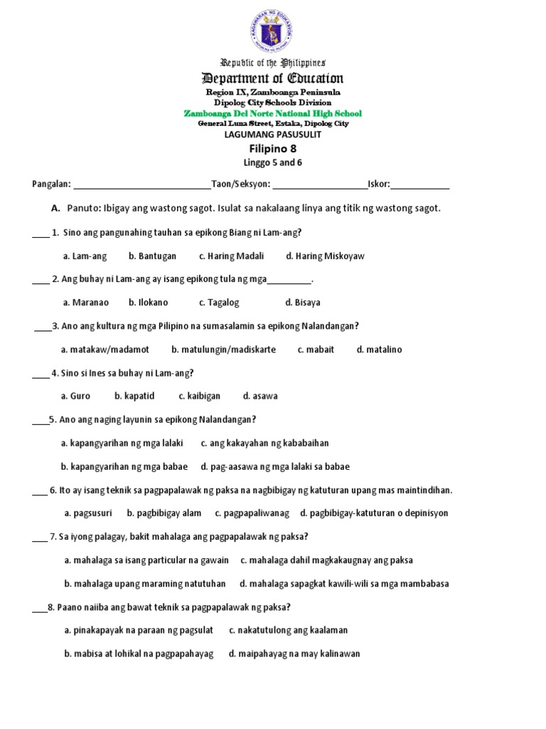 Fil8 Q1 Ikatlongg-Lagumang-Pagsusulit | PDF